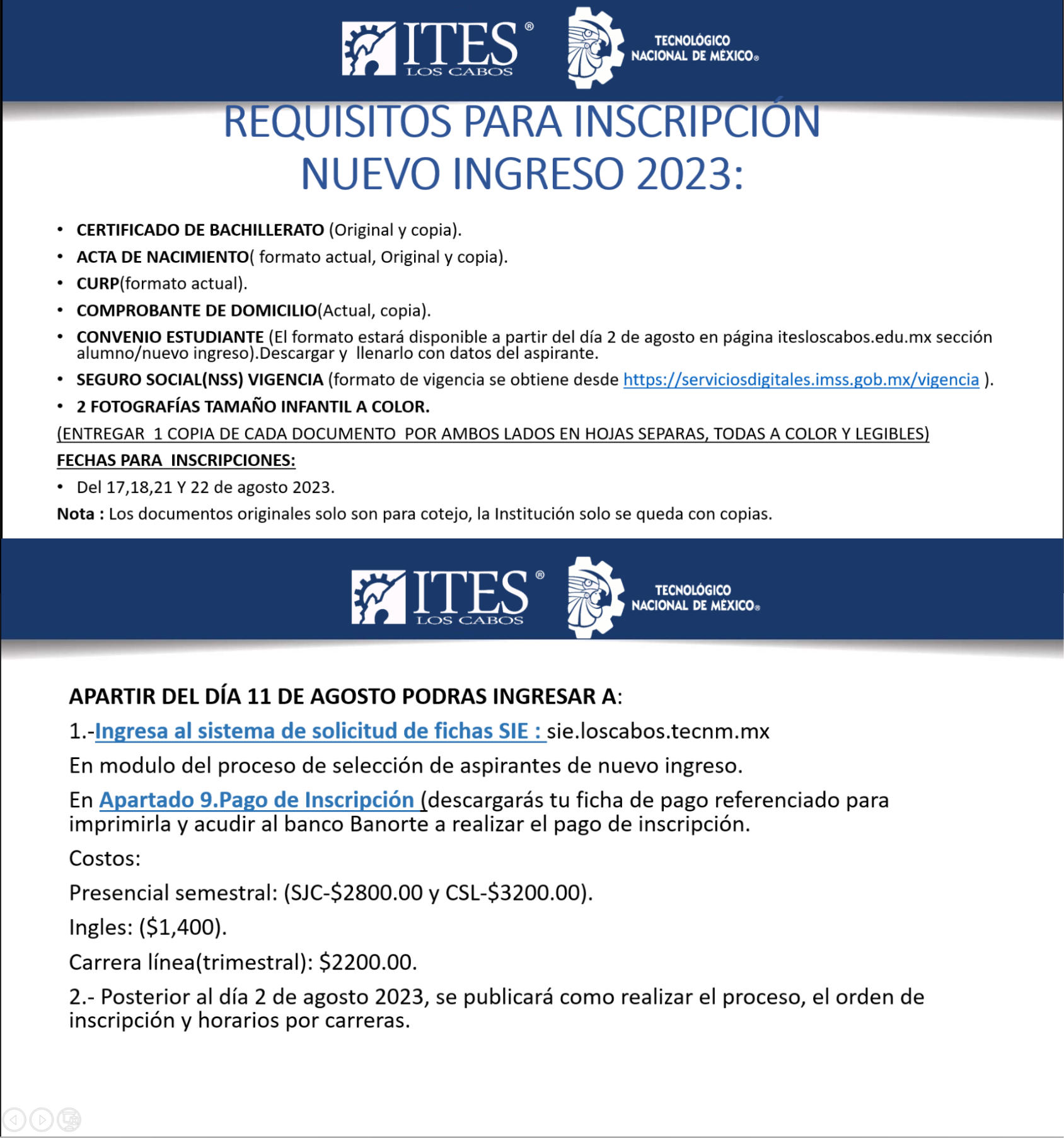 Requisitos y costos de inscripción de nuevo ingreso. - ITES